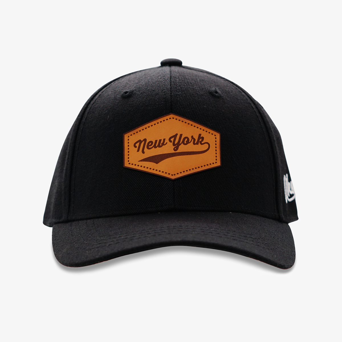 Adult New York Cursive Leather Patch Curved Low Pro Snapback Hat | Mens ...
